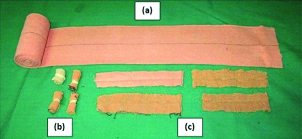 a) 4” crepe bandage roll; b) cut finger crepes rolled and fastened ...